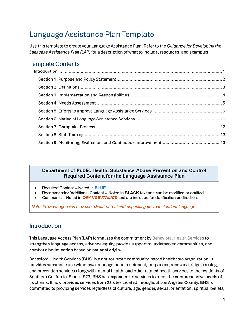 Language Assistance Plan Template - SPARK-T / CAADPE Site